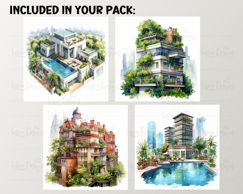 Urban Rooftop Gardens Watercolor Clipart Scenes, City Buildings Digital ...