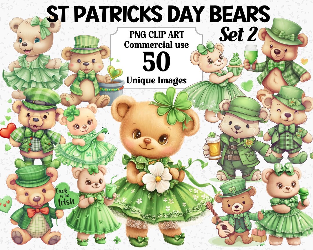 St Patricks Day Bears Set2 Clipart, Digital/paper, Cute Irish Crafts ...