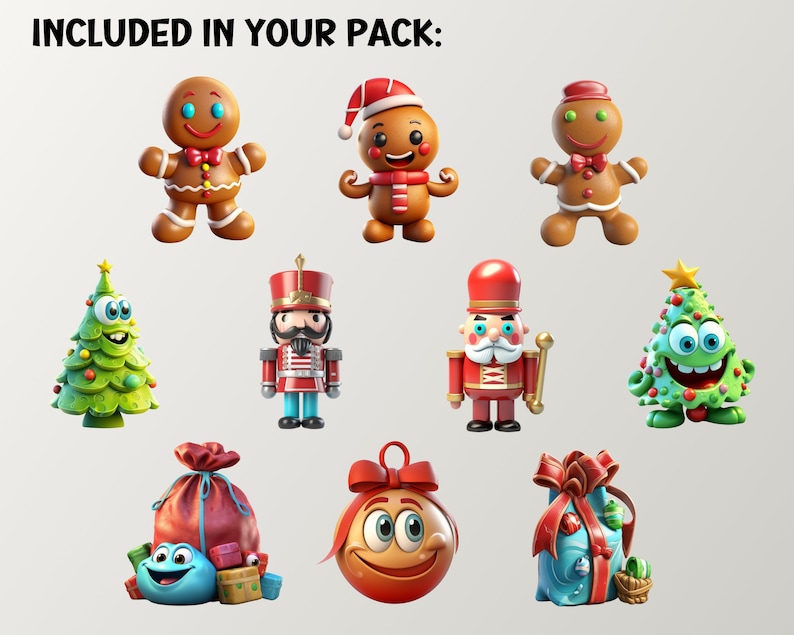3D Style Cute Christmas Characters PNG Clipart Set2, Instant Download ...