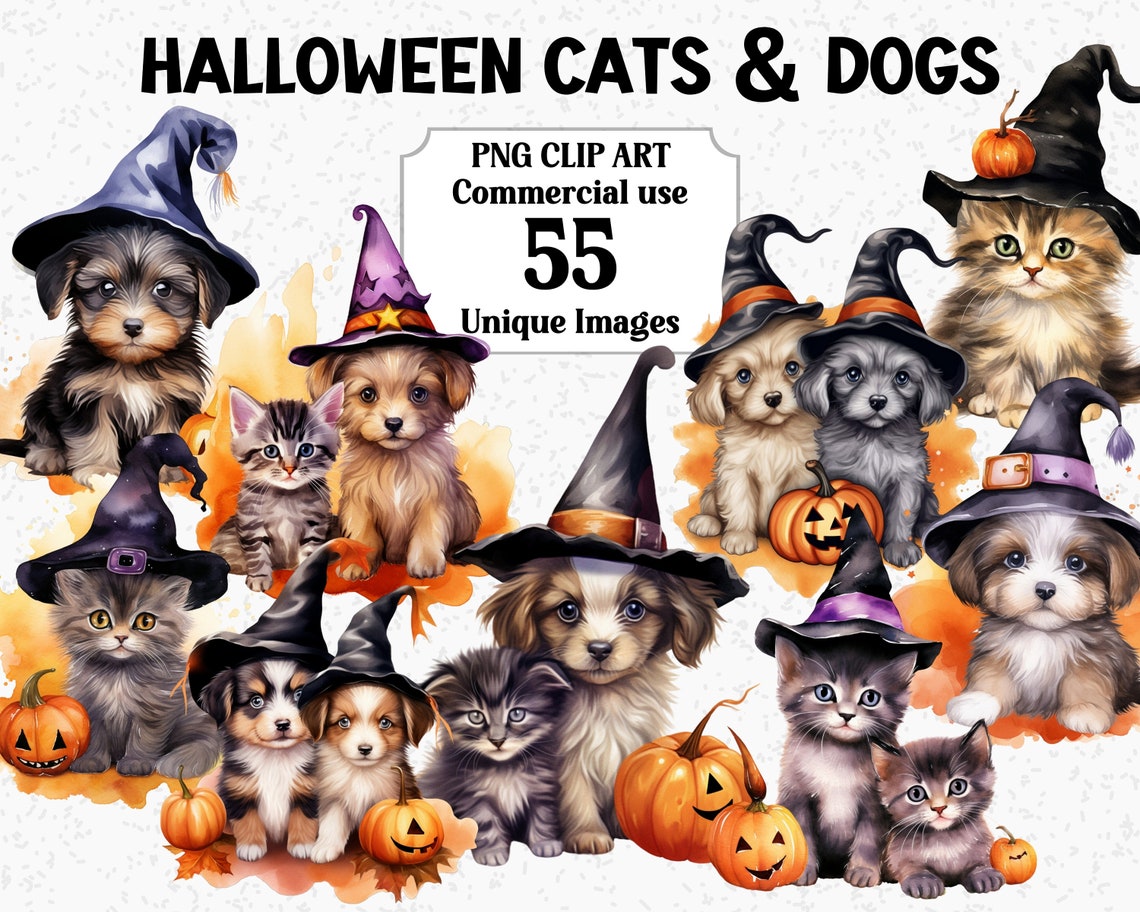 Halloween Cats & Dogs Watercolor Clip Art, Digital Paper Crafts Puppy ...