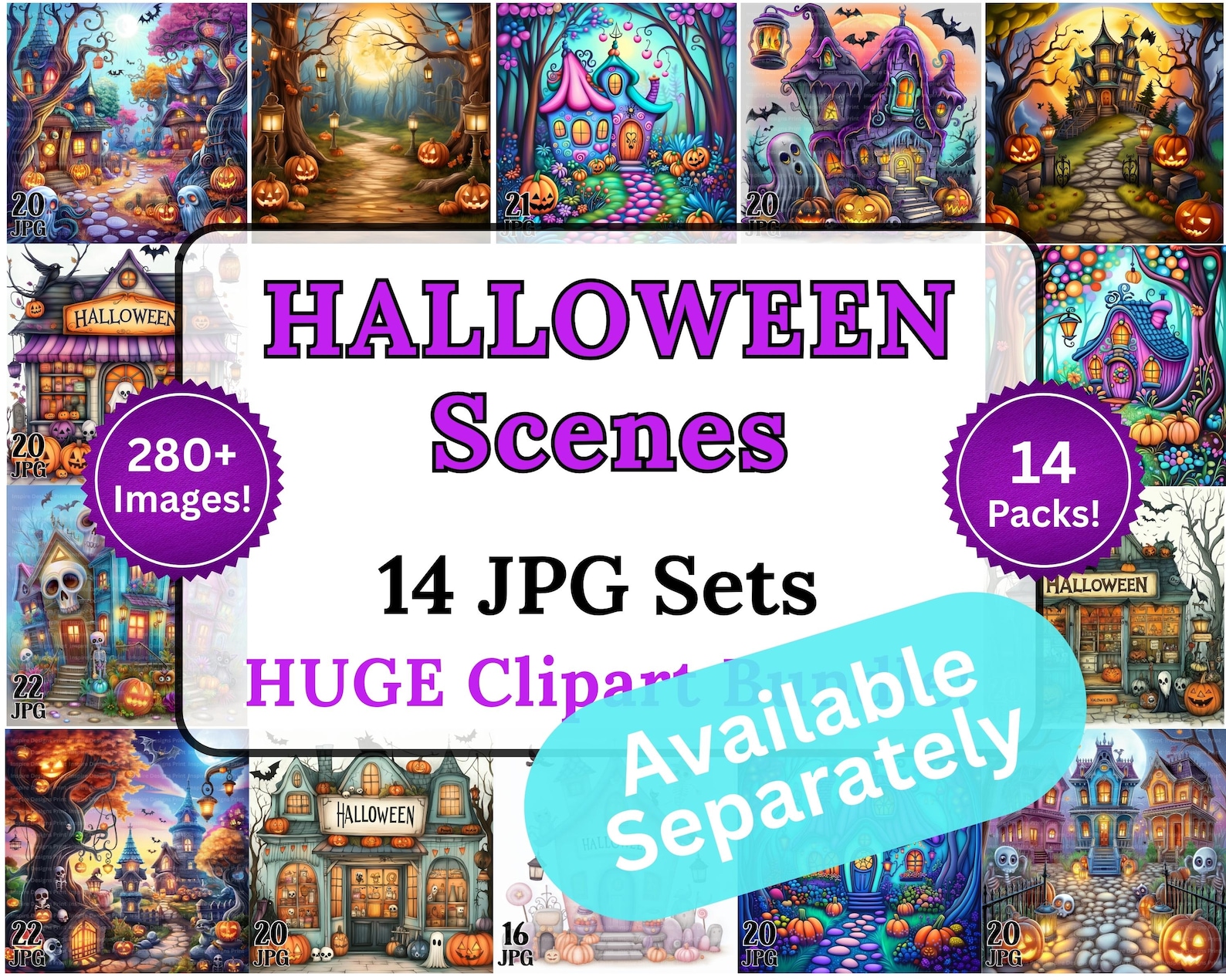 Spooky Halloween Towns Watercolor Clipart Haunted Houses Digital Papers ...