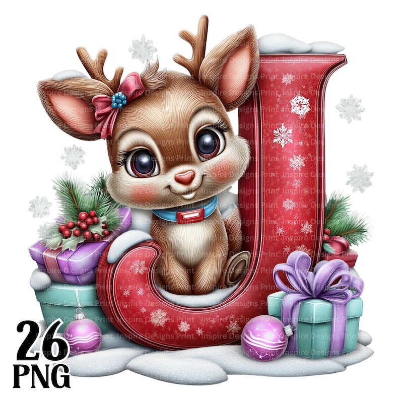 Cute Reindeer Christmas Letters Clipart, Custom Initial Ornament ...