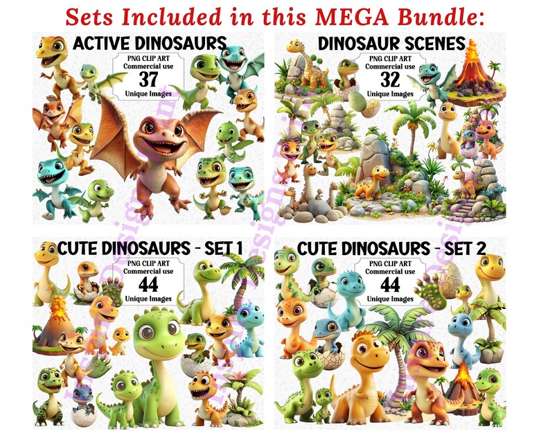 Cute Dinosaurs Clipart MEGA Bundle Bulk, Prehistoric Animals Volcano ...