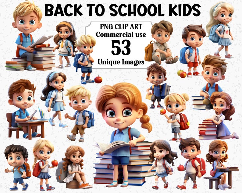 3D Style Back to School Kids Clipart, Commercial Use Children People ...