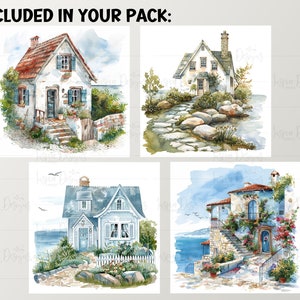Seaside Cottages Watercolor Clipart Scenes, Coastal Ocean Houses ...