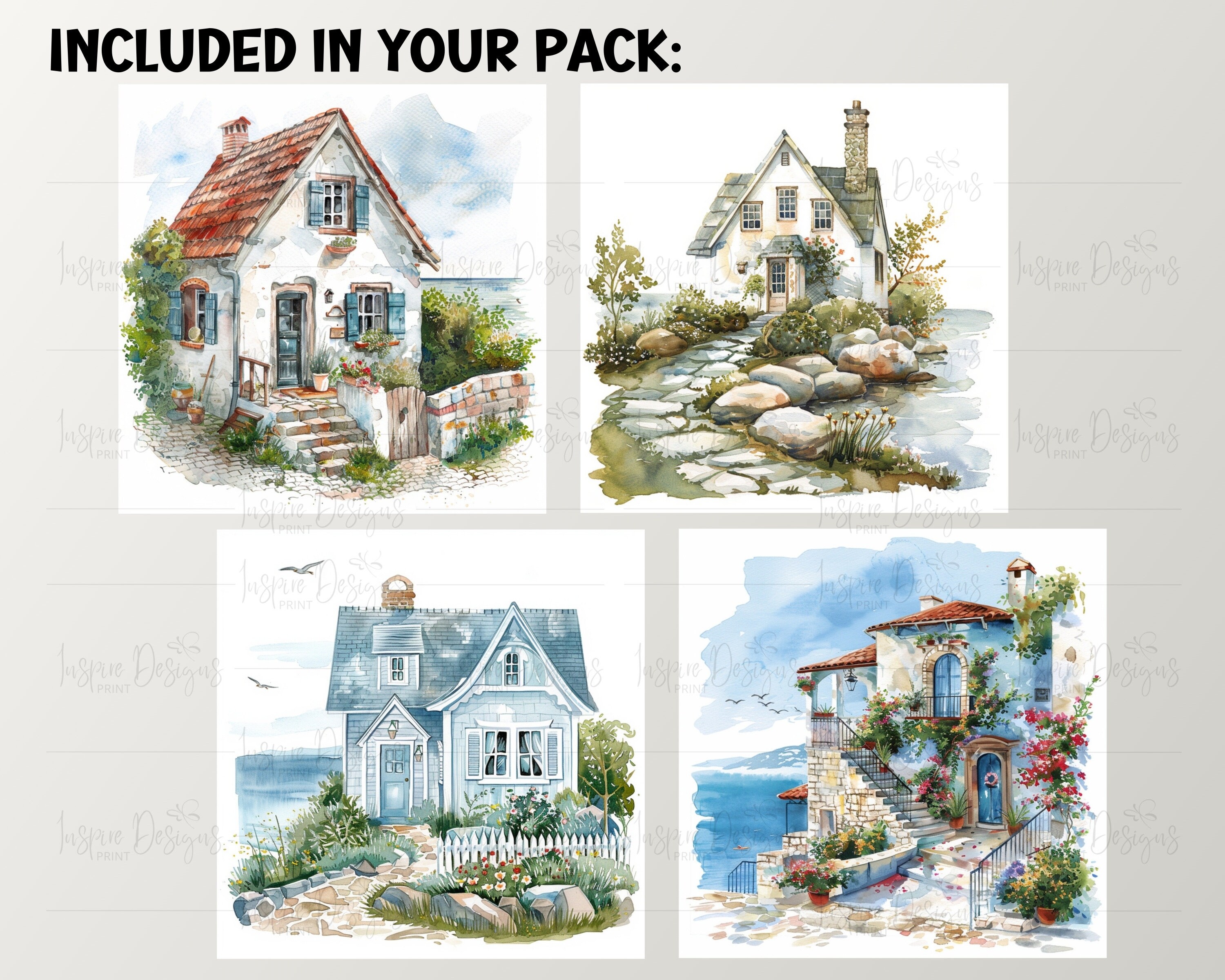 Seaside Cottages Watercolor Clipart Scenes, Coastal Ocean Houses ...
