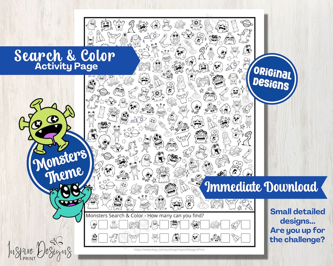 Monsters Search & Color Doodles - I SPY Printable Counting Coloring ...