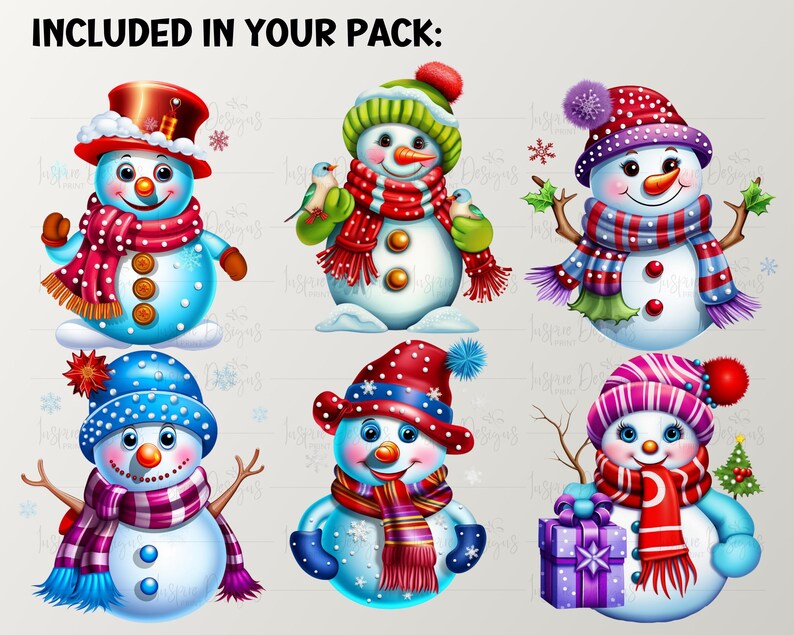 Bright Cartoon Snowmen Clipart, Christmas Snowman Instant Download ...