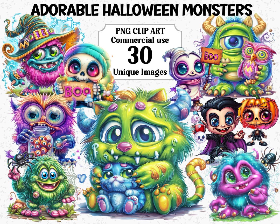 Adorable Halloween Monsters Clipart Spooky Cute Vibrant Fun Creepy ...