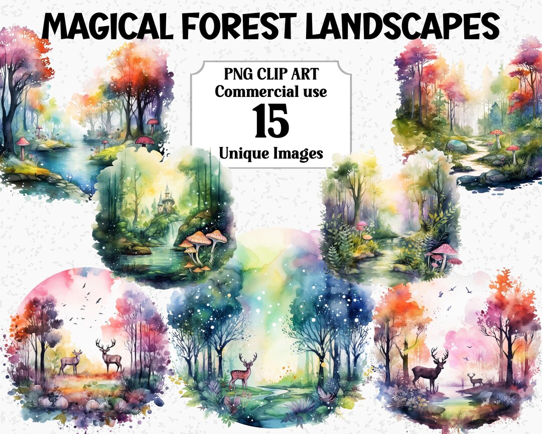 Magical Forest Landscapes Watercolor Fairytale Clipart, Scrapbooking ...