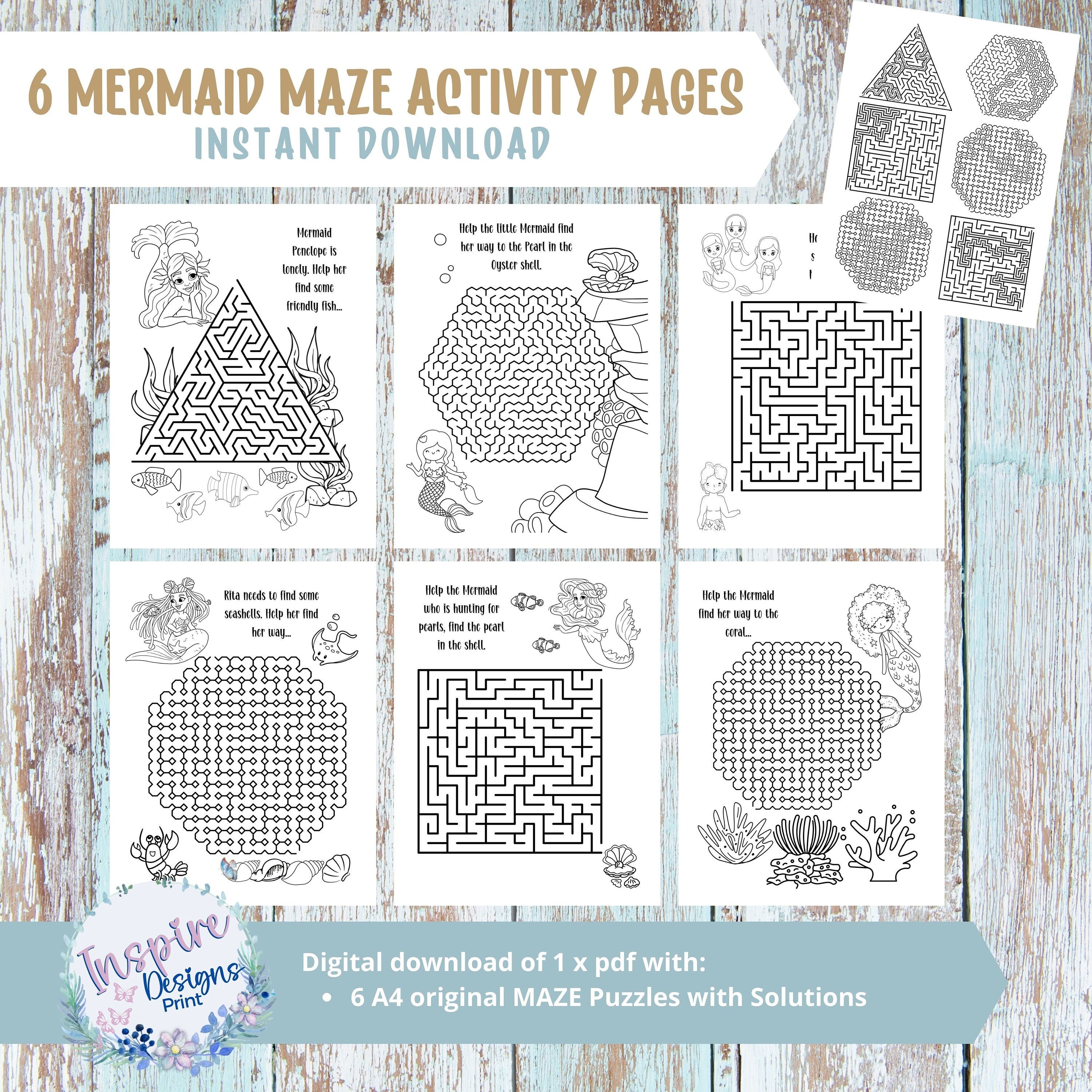 6 MERMAID MAZE Activity Pages A Printable Puzzles for Children, With ...