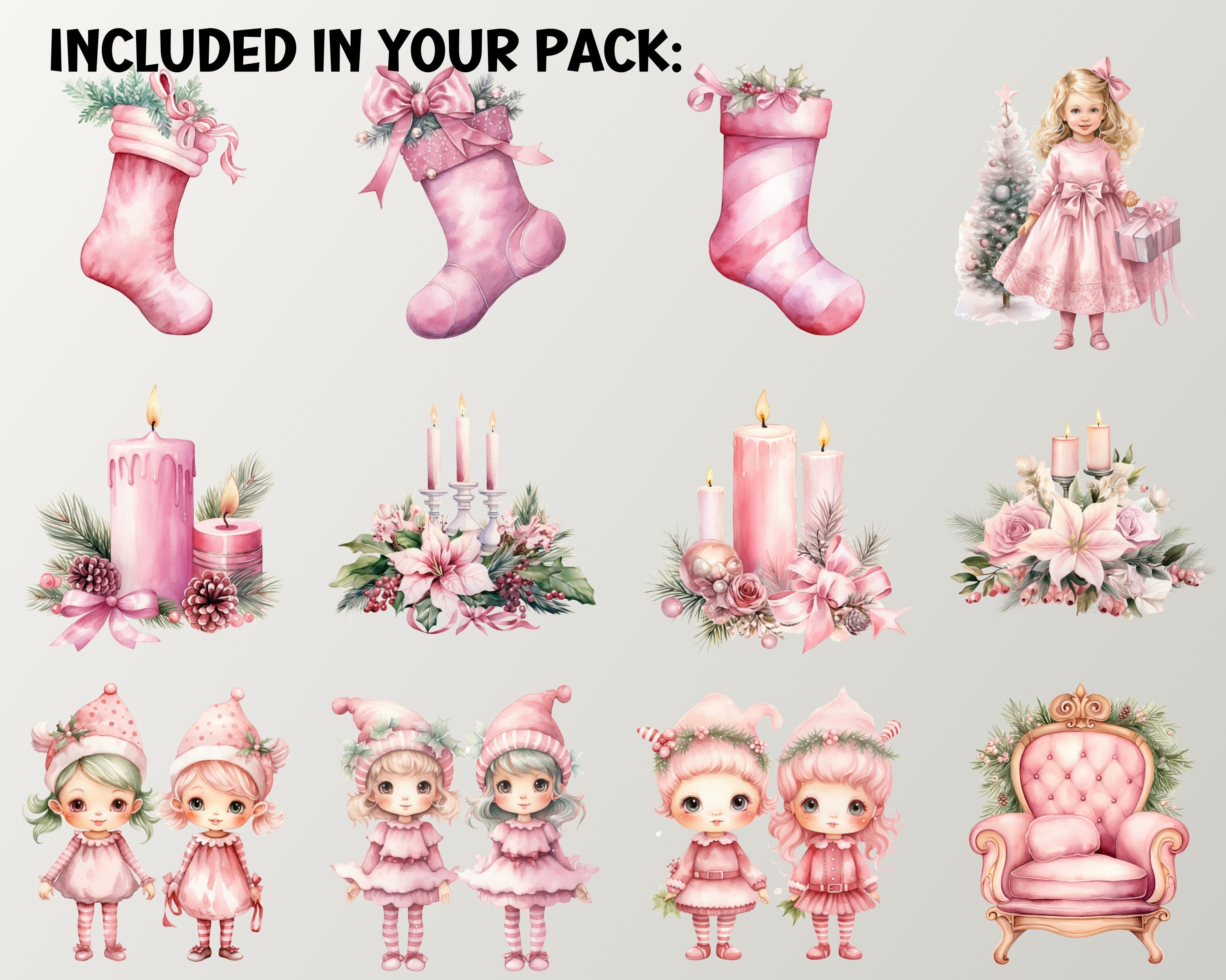 Pastel Pink Christmas Watercolor Clipart Decorations Bundle, Digital ...