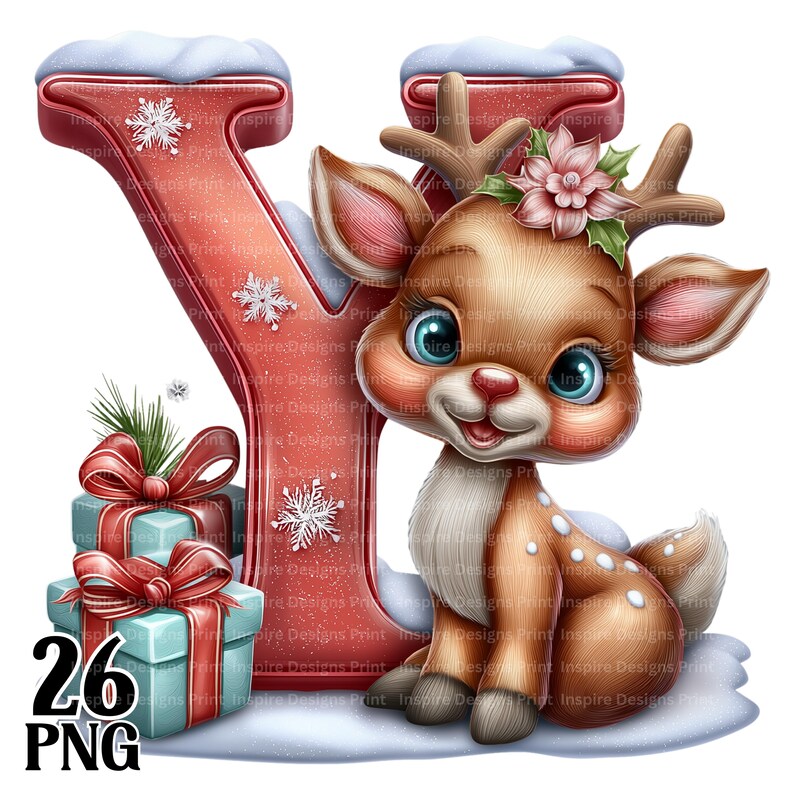 Cute Reindeer Christmas Letters Clipart, Custom Initial Ornament ...