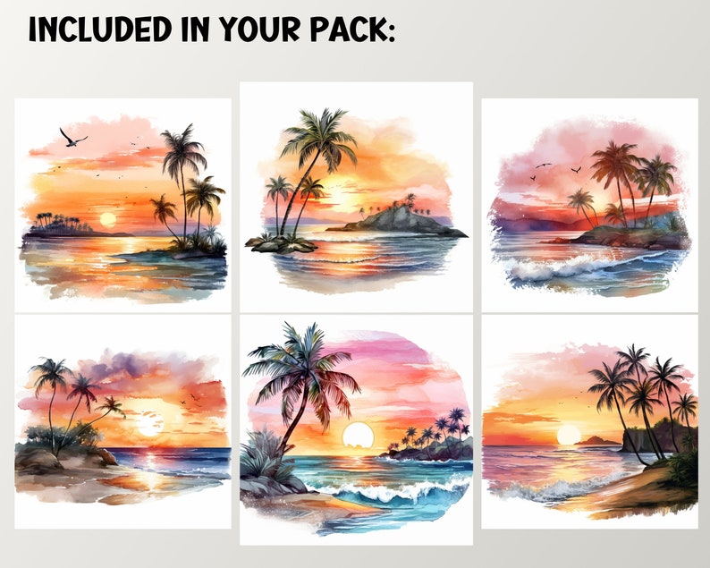 Tropical Beach Sunsets Watercolor Clipart Scenes, Digital & Paper Craft ...