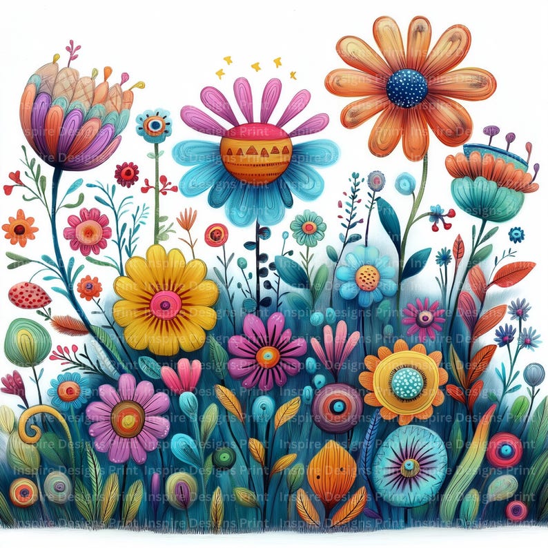 Quirky Happy Flowers Clipart Floral Digital & Paper Craft Instant ...