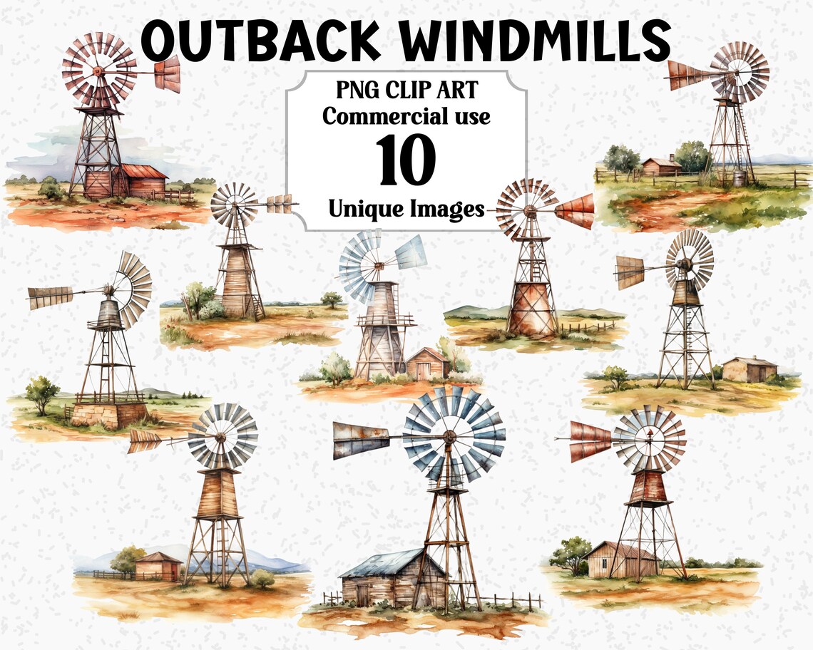 Outback Windmills Watercolor Clipart, Digital & Paper Craft, Instant ...