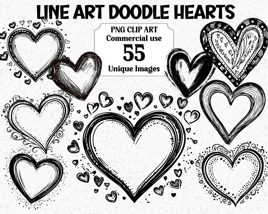 Line Art Doodle Hearts Valentines Day Clipart Love Decorations Bundle ...