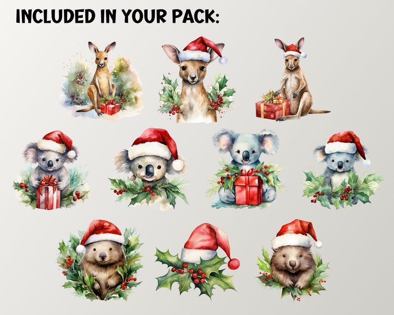 Aussie Summer Christmas Clipart, Watercolor Animals Koala, Santa, Beach ...