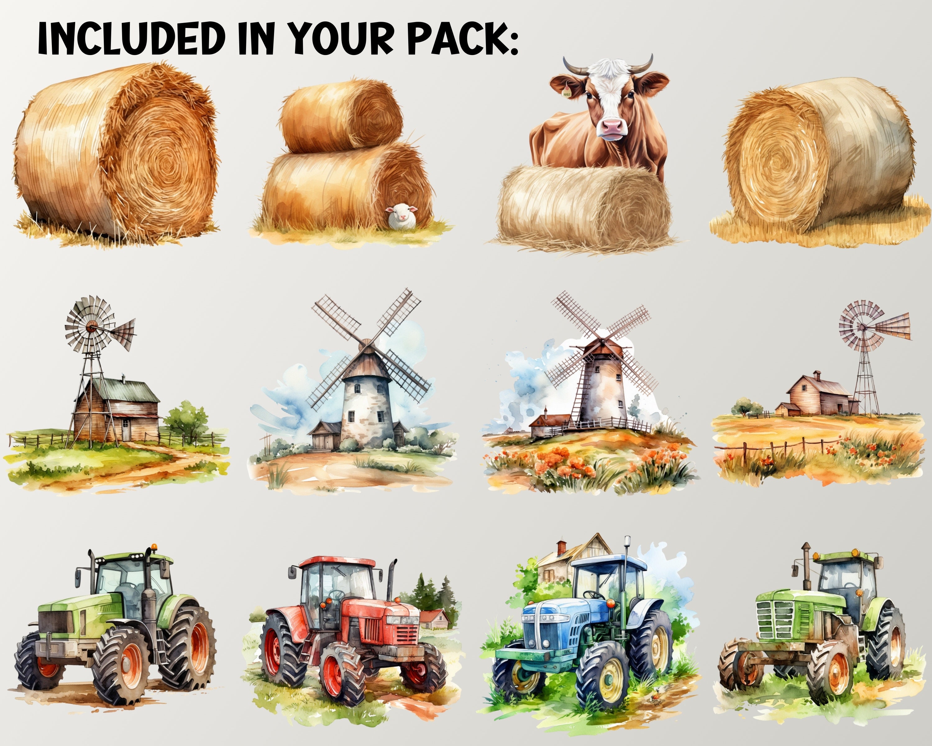 On the Farm Clipart, Watercolor Barn Animals, Cows, Horses, Sheep ...