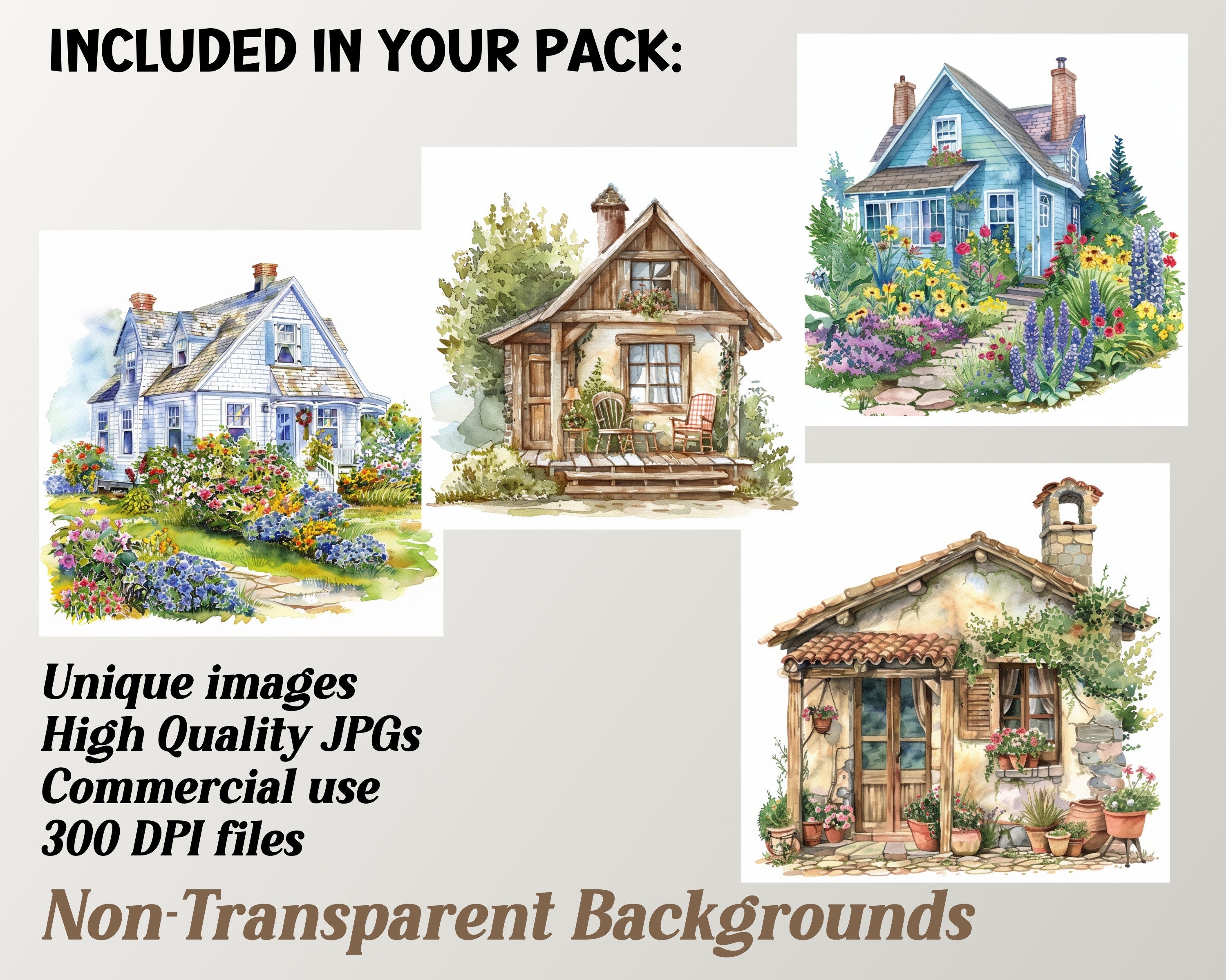 Quaint Cottages Watercolor Clipart Scenes, Fantasy Village House ...