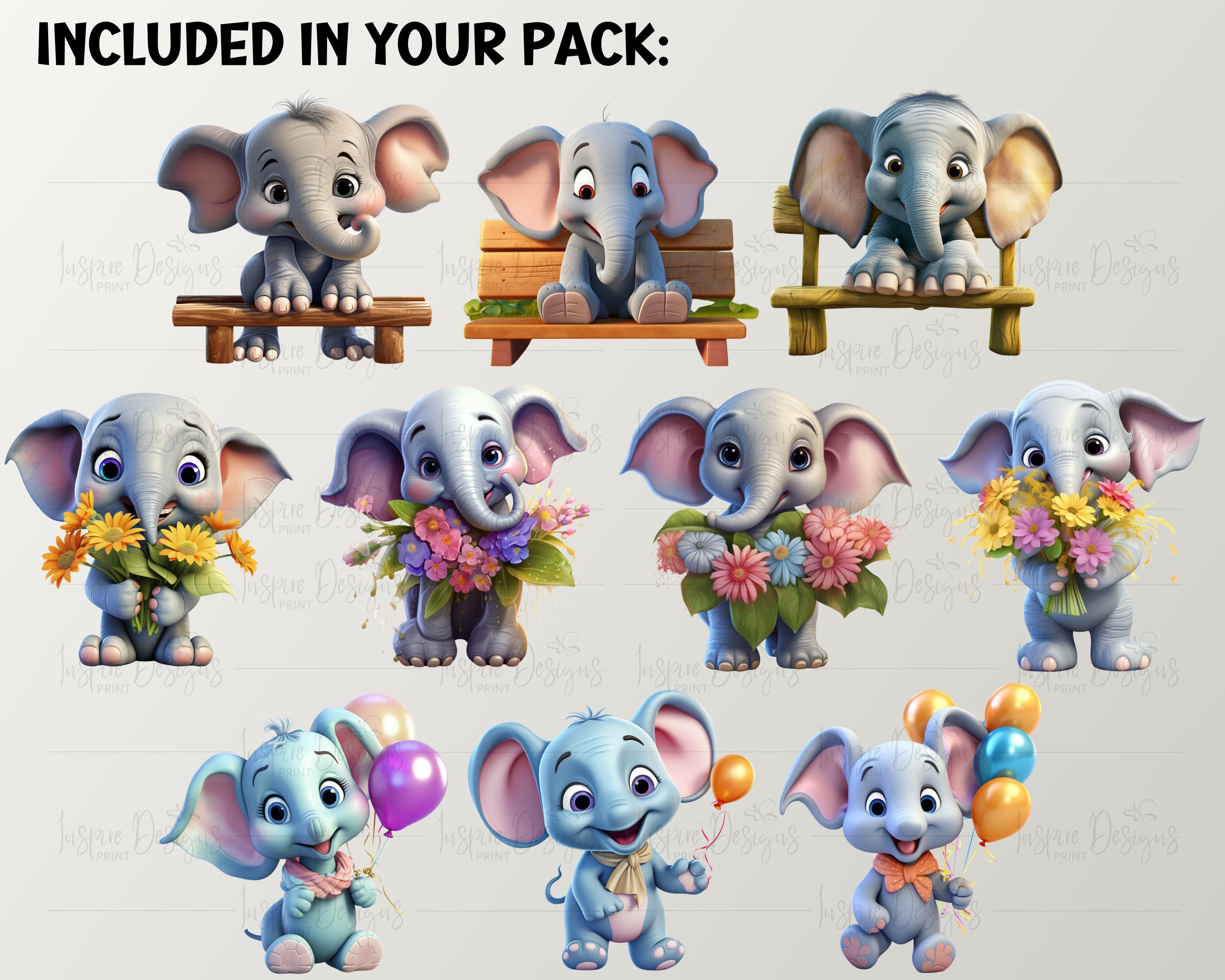 Cute Baby Elephants Watercolor Animals Clipart, Digital/paper Crafts ...