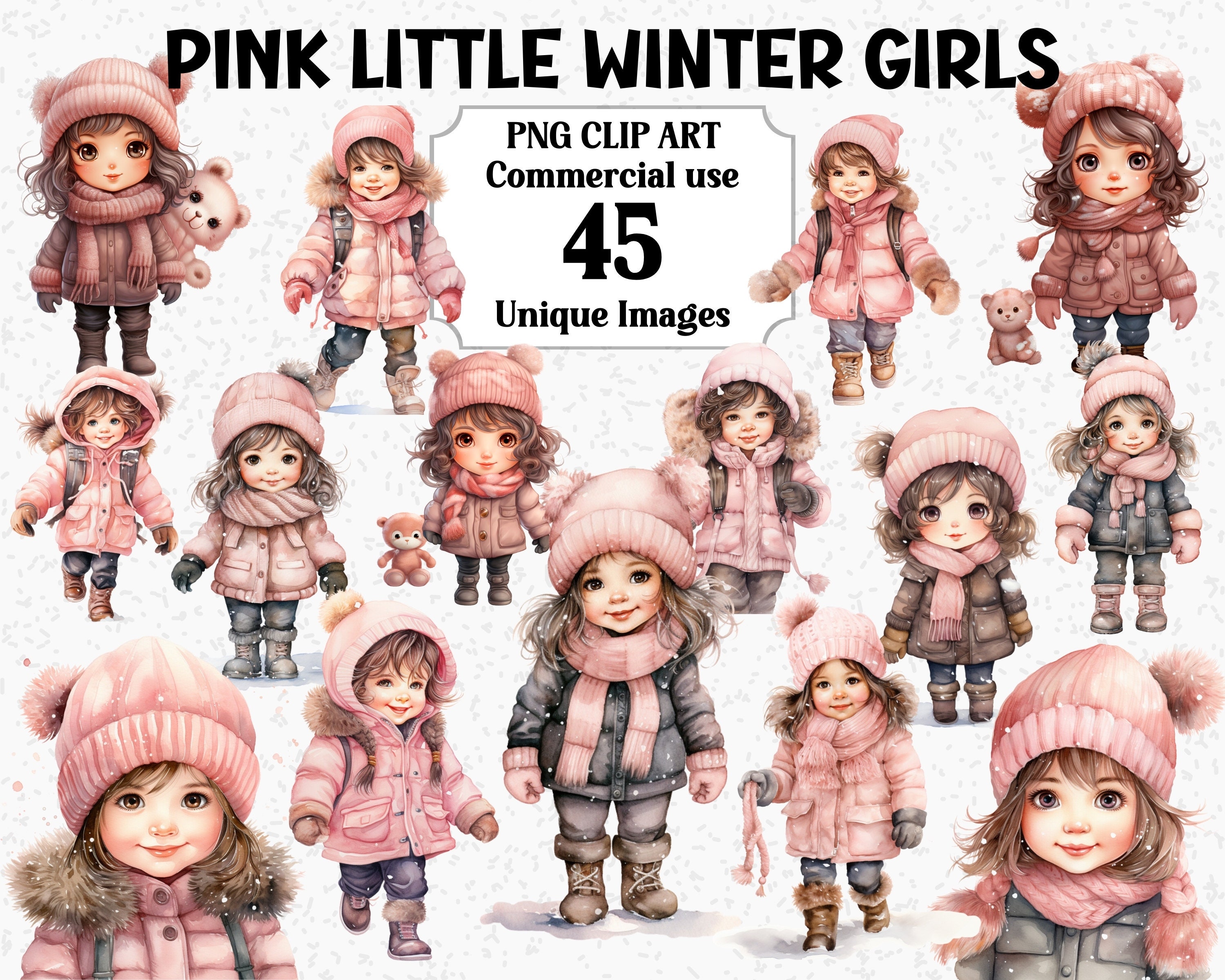 Pastel Pink Little Winter Girls Clipart, Instant Download Commercial ...