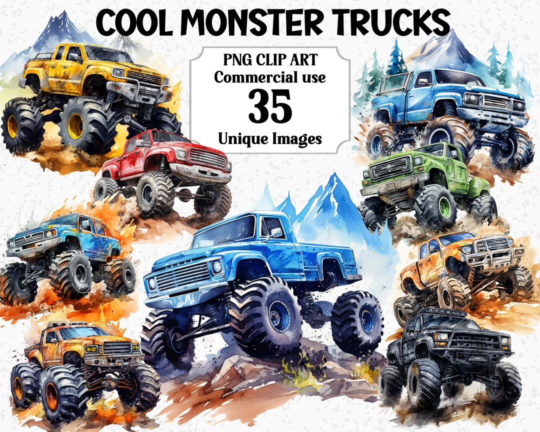 Monster Trucks Watercolor Clipart, Digital & Paper Craft, Instant ...