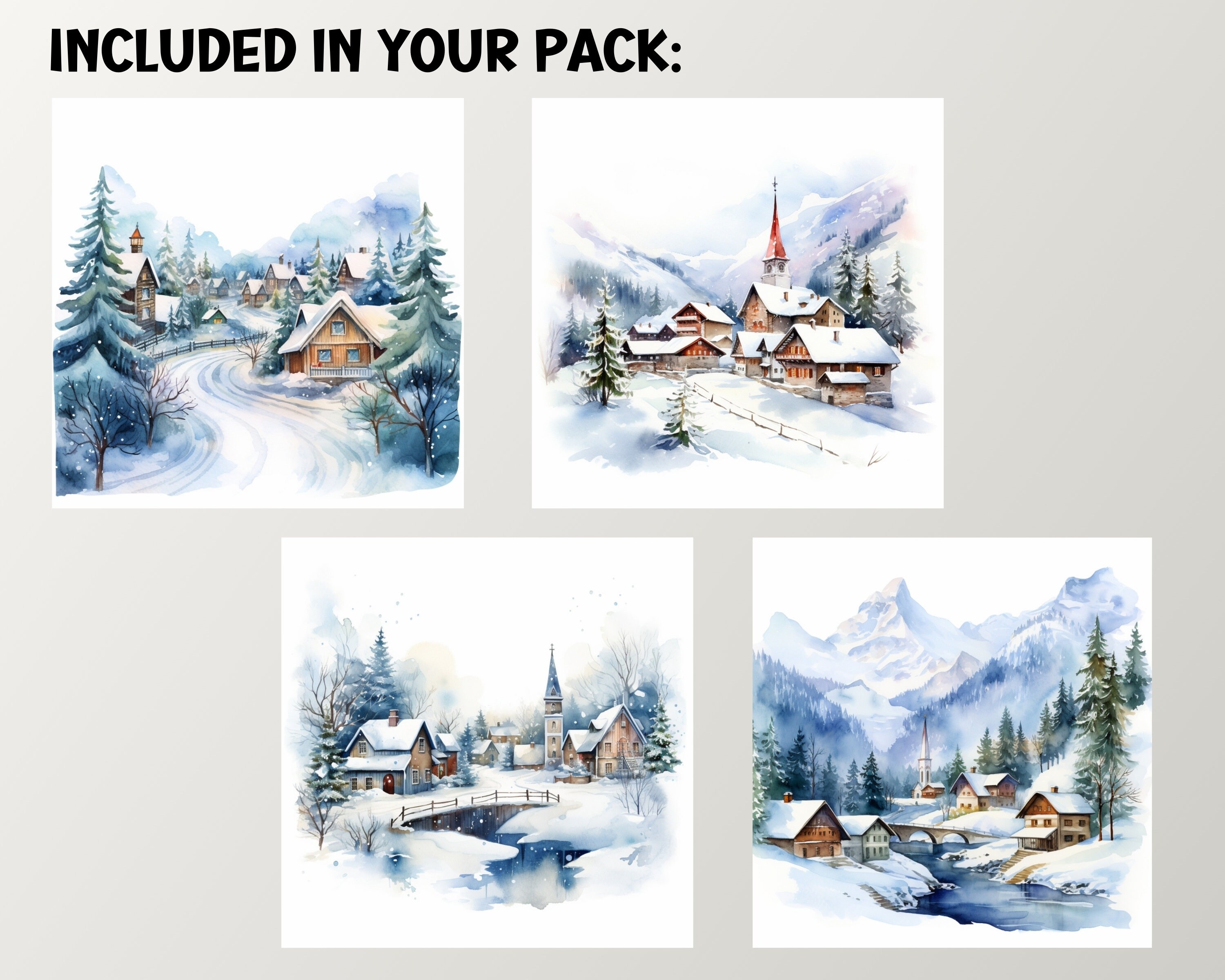 Winter Swiss Villages Scenes Watercolor Clipart, Fantasy Digital ...