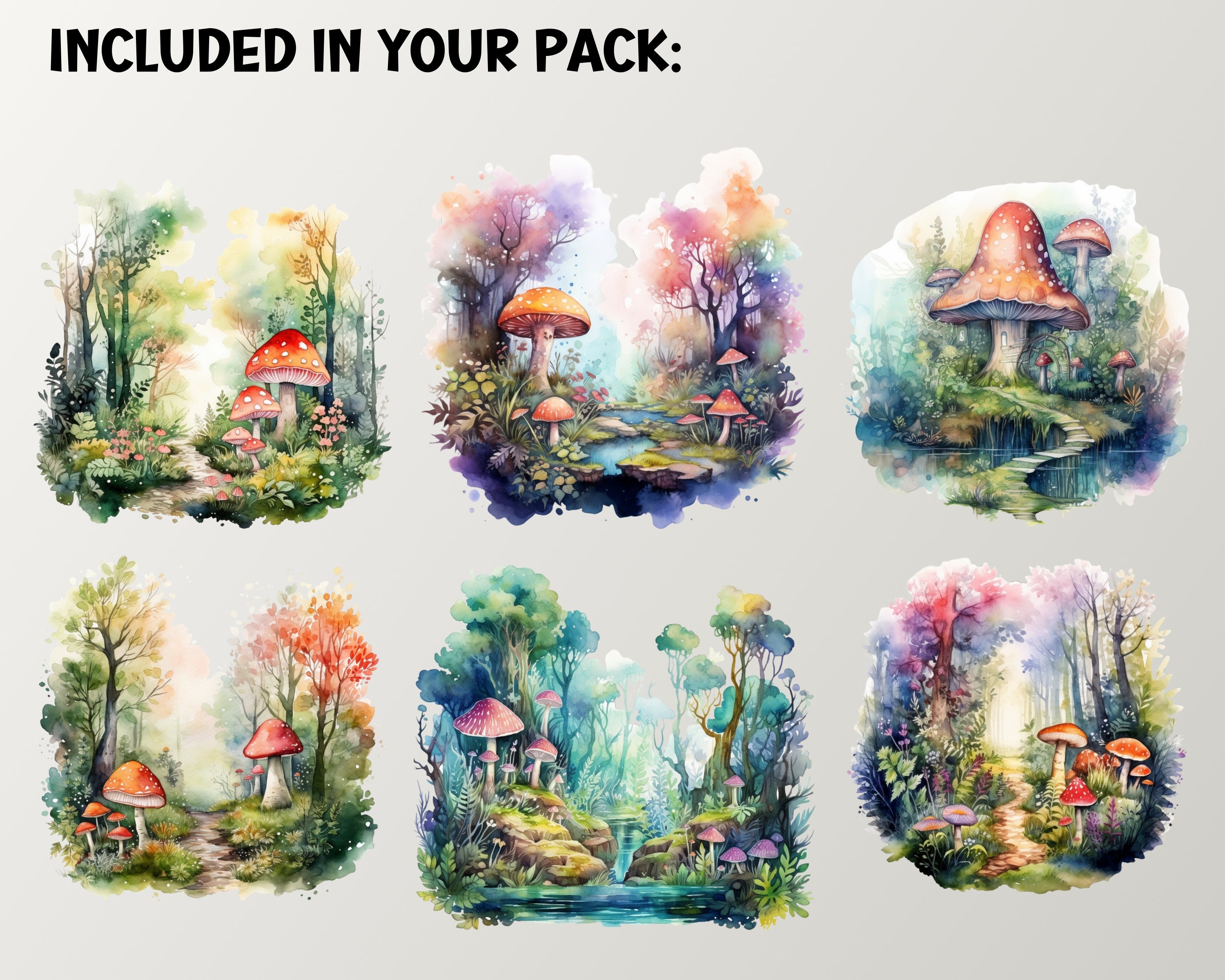 Fairytale Mushroom Forests Watercolor Landscape Clipart, Scrapbooking ...