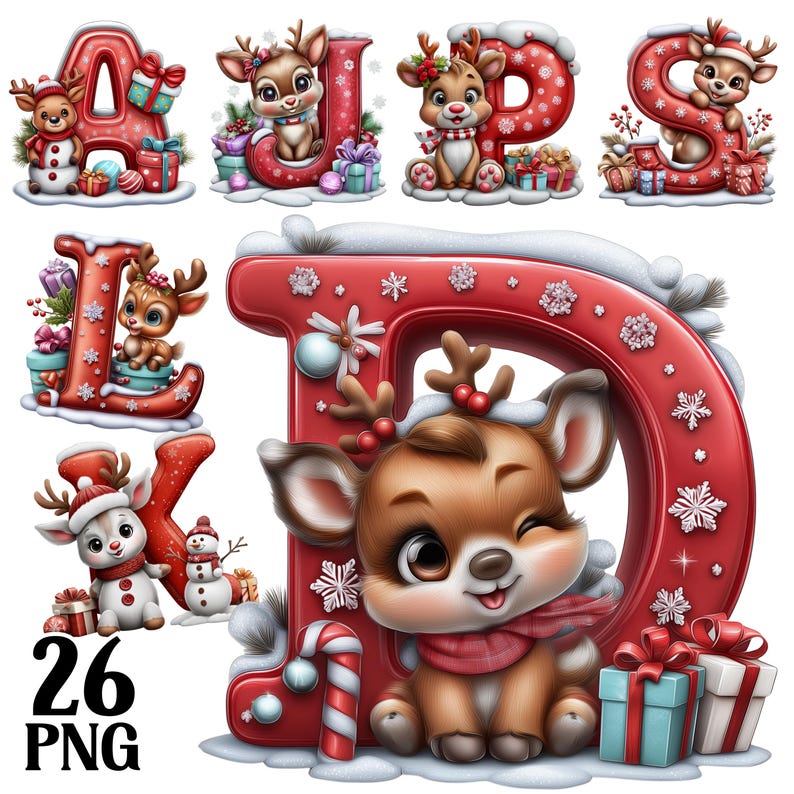 Cute Reindeer Christmas Letters Clipart, Custom Initial Ornament ...