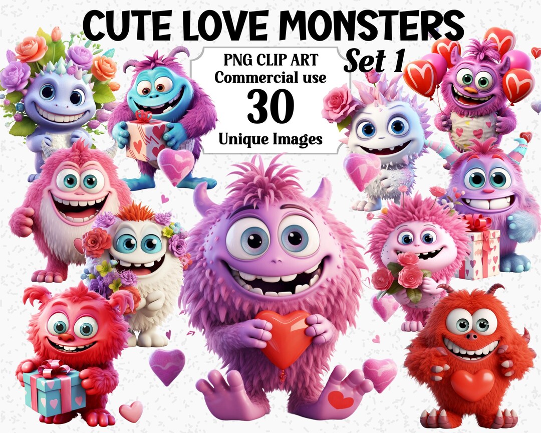 Cute Love Monsters Set1 Clipart, Valentines Day Crafts, Vibrant Fun ...