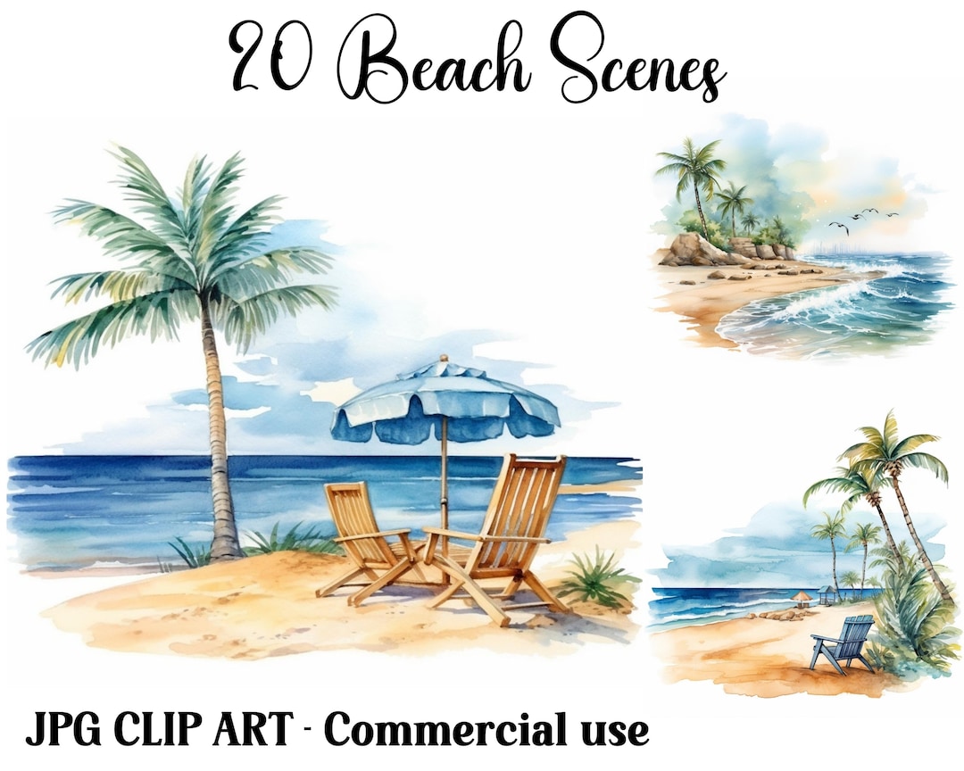 Tropical Beach Scenes Watercolor Clipart, Digital & Paper Crafts ...