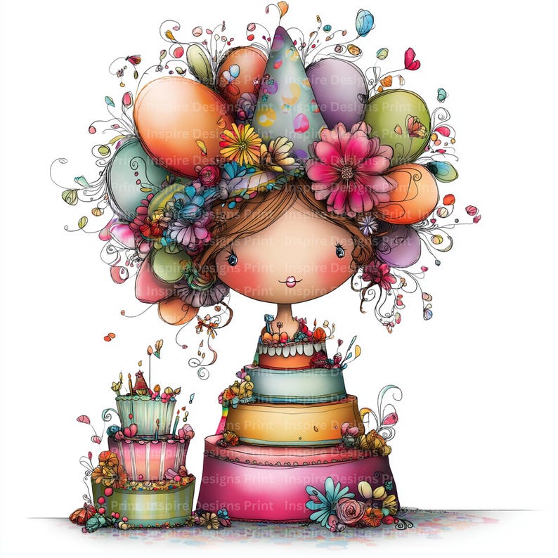 Quirky Whimsy Birthdays Watercolor Clipart Vibrant Cute Whimsical Girl ...