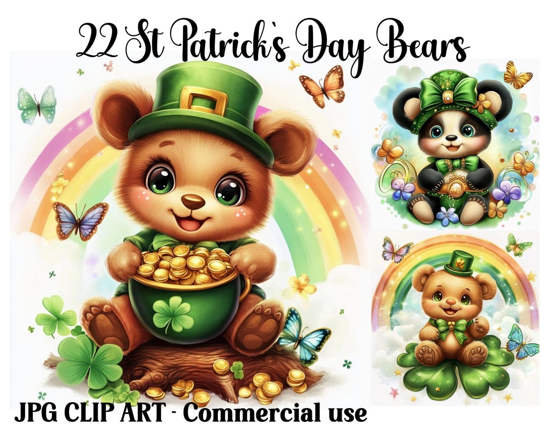 St Patricks Day Bears Clipart, Digital Papers, Cute Green Irish Teddy ...