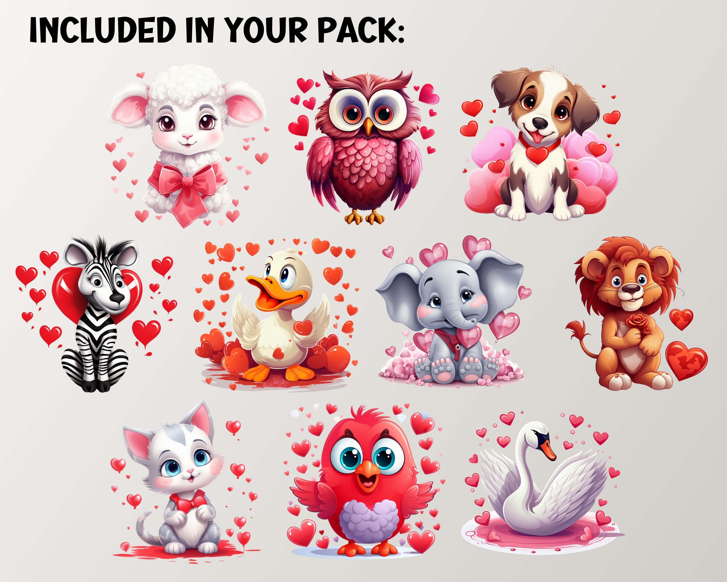 Cartoon Animals Valentines Day Watercolor Clipart, Cards Craft, Instant ...