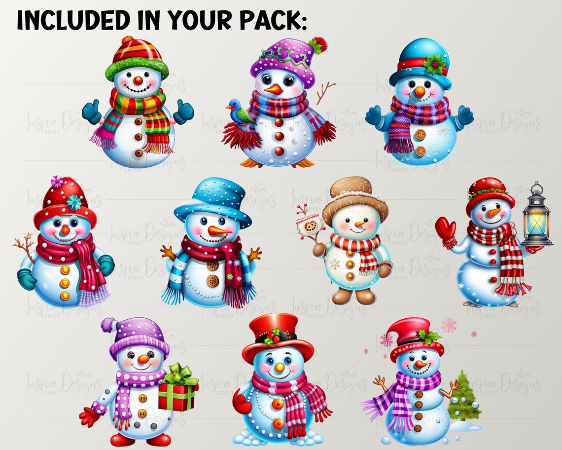 Bright Cartoon Snowmen Clipart, Christmas Snowman Instant Download ...