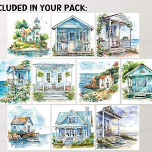 Seaside Cottages Watercolor Clipart Scenes, Coastal Ocean Houses ...
