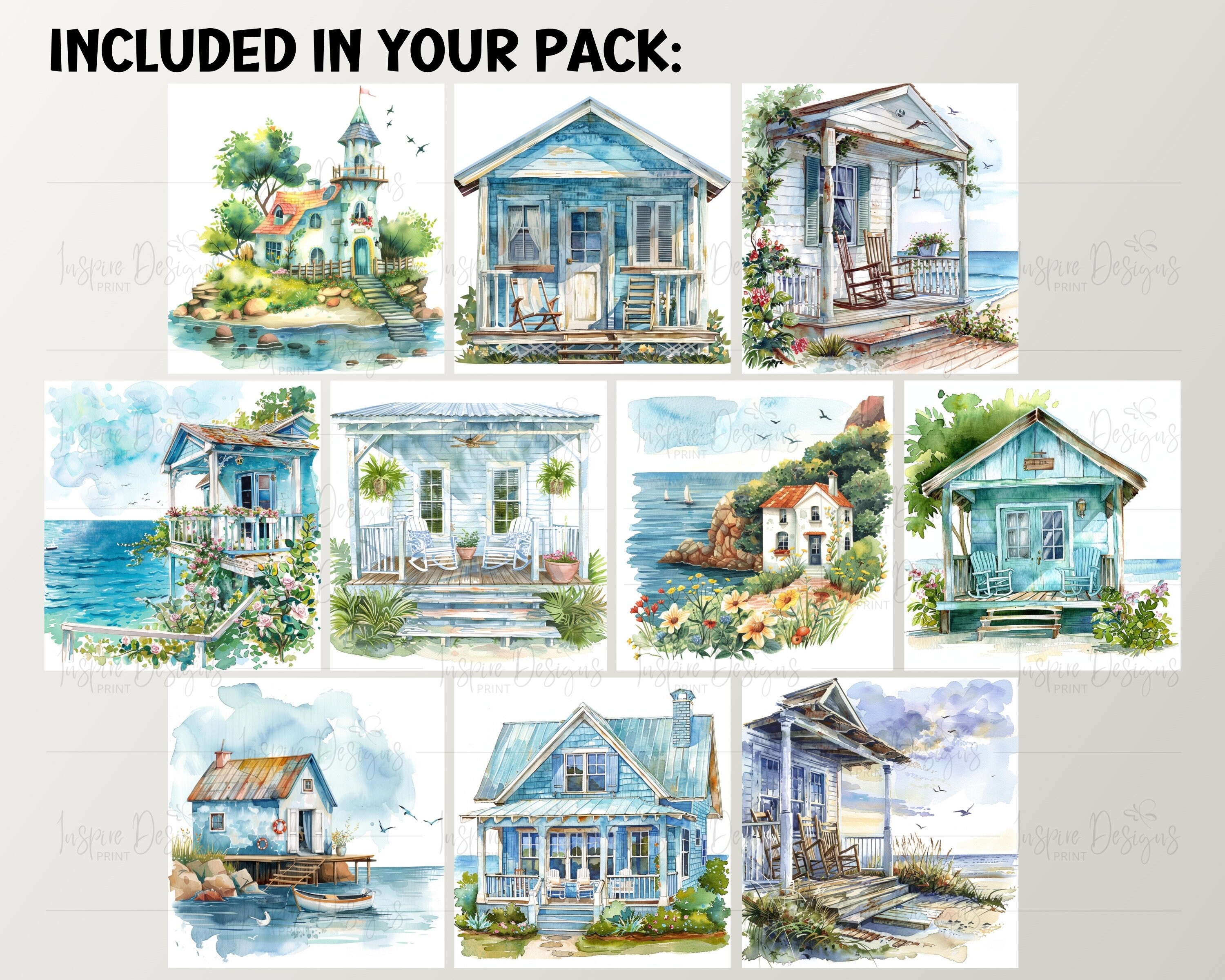 Seaside Cottages Watercolor Clipart Scenes, Coastal Ocean Houses ...