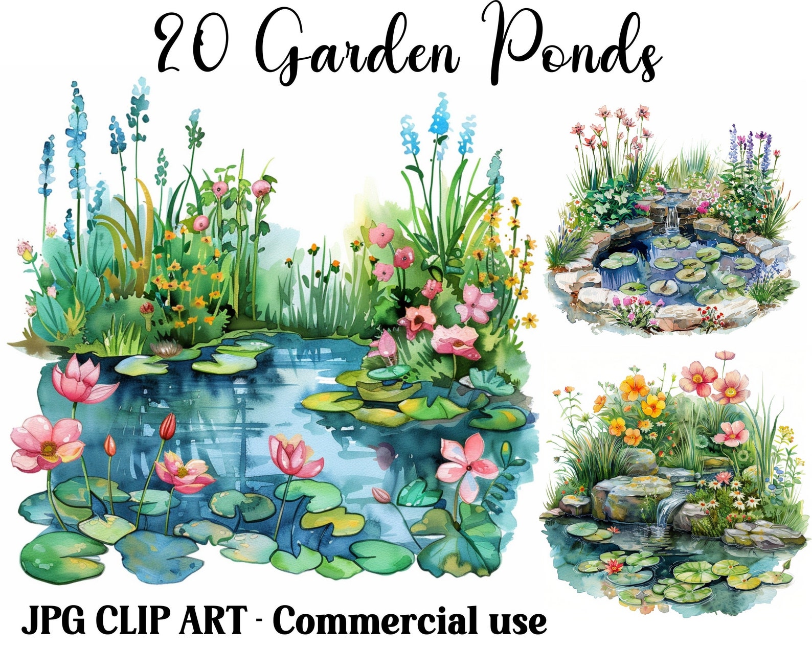 Garden Ponds Watercolor Spring Country Clipart Scenes, Digital & Paper ...
