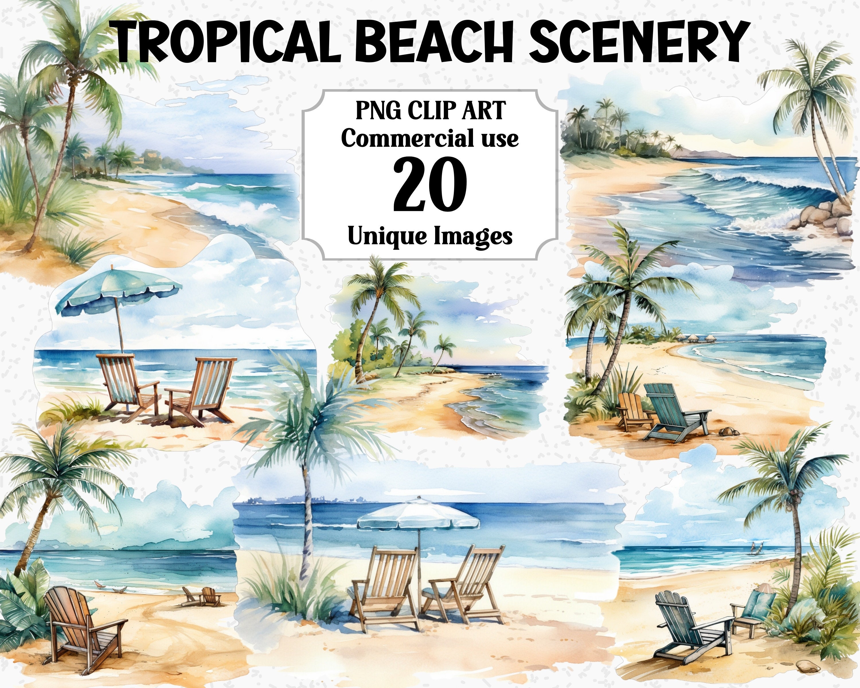 Tropical Beach Scenery Watercolor Clipart, Digital Sea Coastline Nature ...