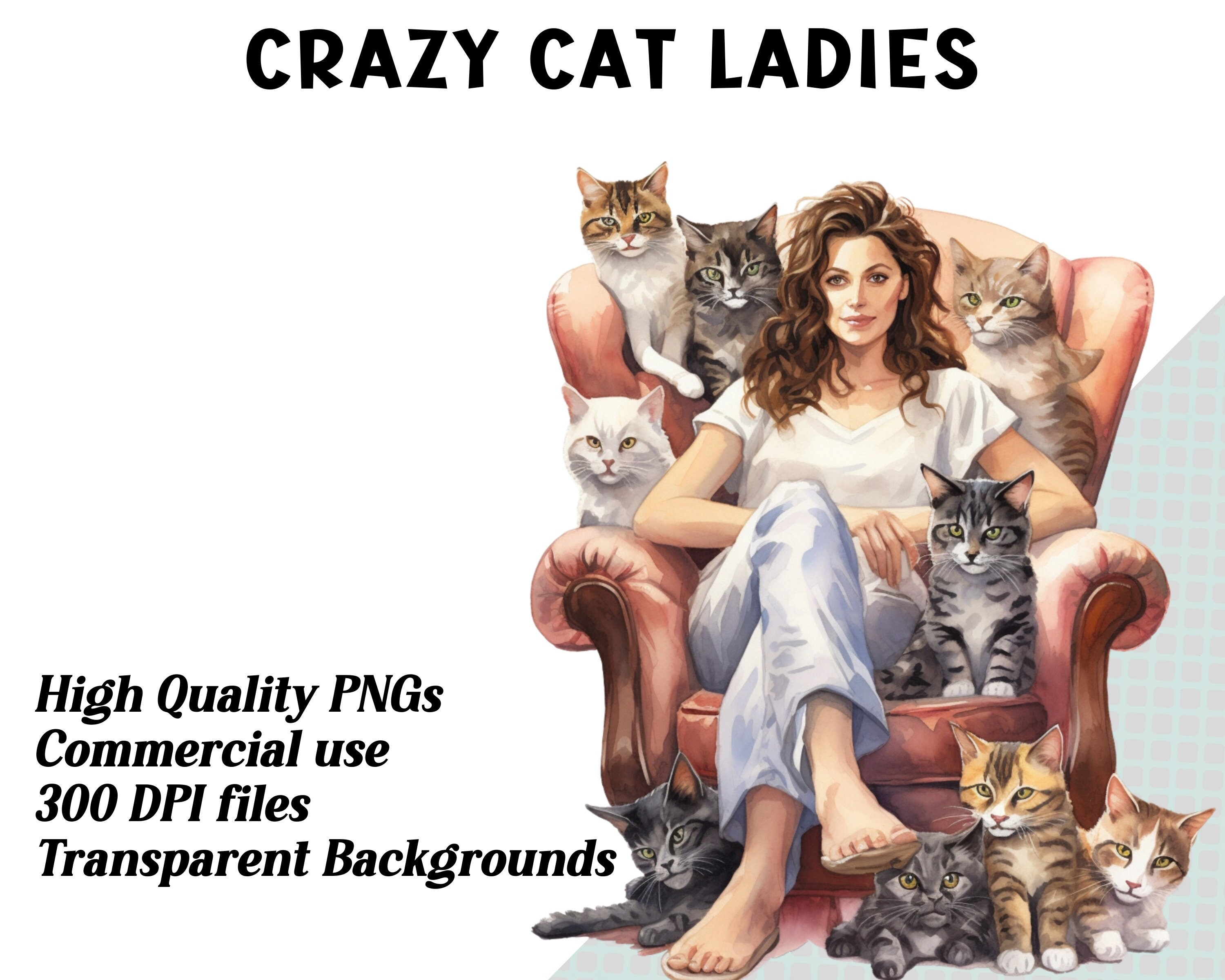 Crazy Cat Ladies Watercolor Clip Art, Digital & Paper Crafts | Kitten ...