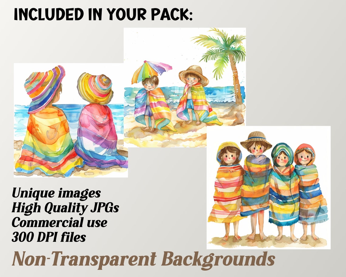 Colorful Beach Kids Watercolor Clipart Scenes, Digital Crafts, Instant ...