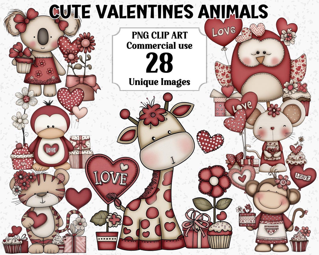 Cute Valentines Animals Clipart - Watercolor Quirky Love Graphics ...