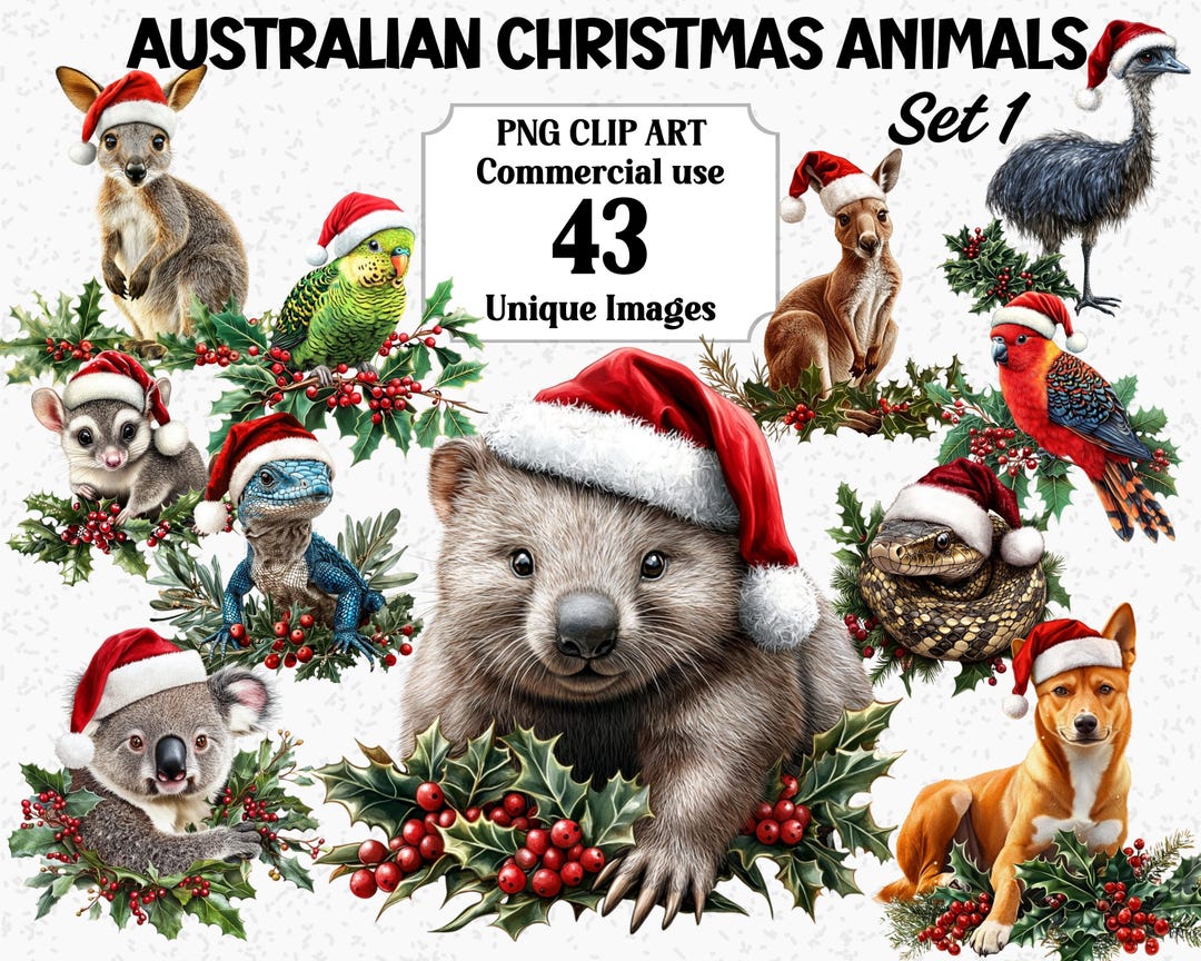Australian Christmas Animals Clipart Set 1, Watercolor Animals Koala ...