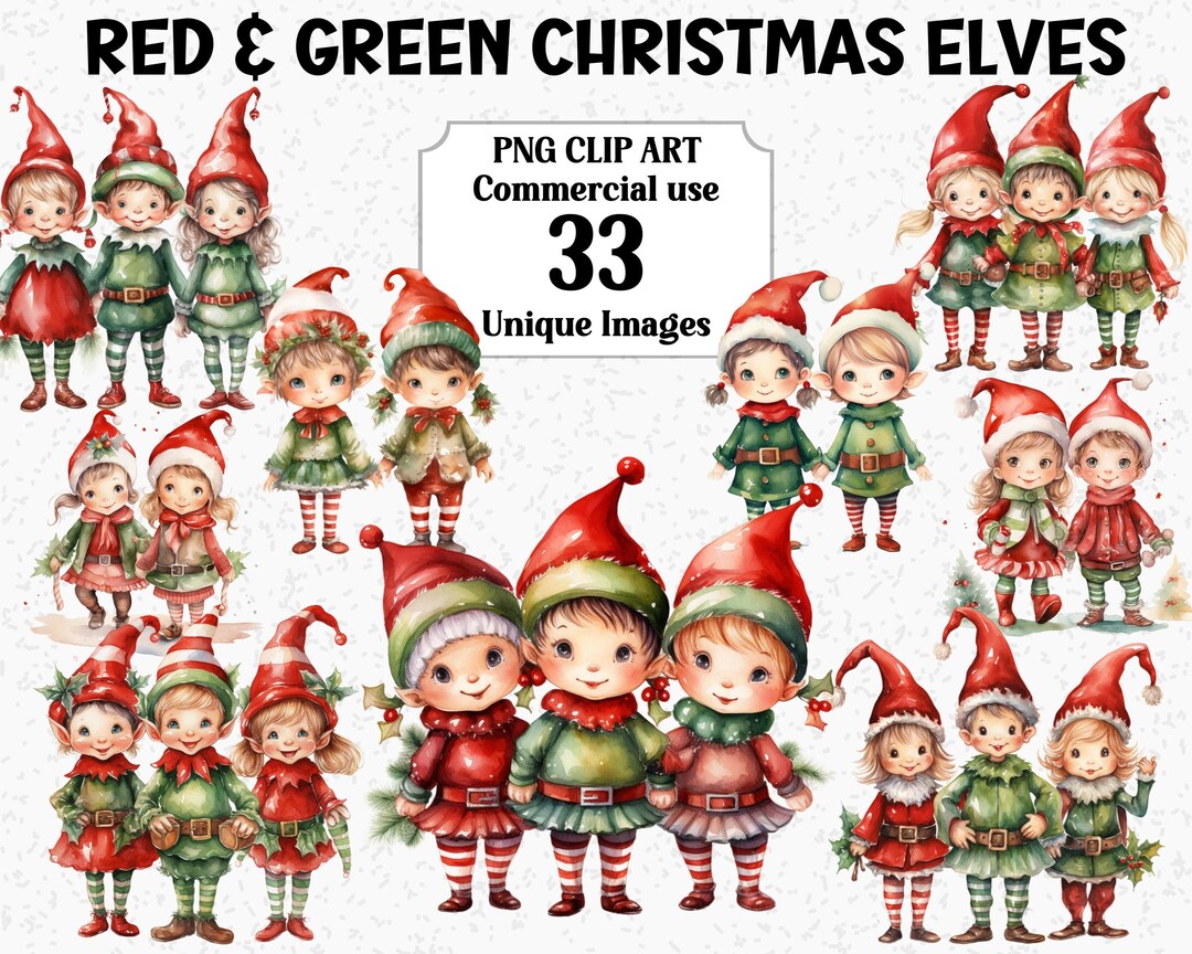Red & Green Christmas Elves Watercolor Clipart, Craft Sublimation ...