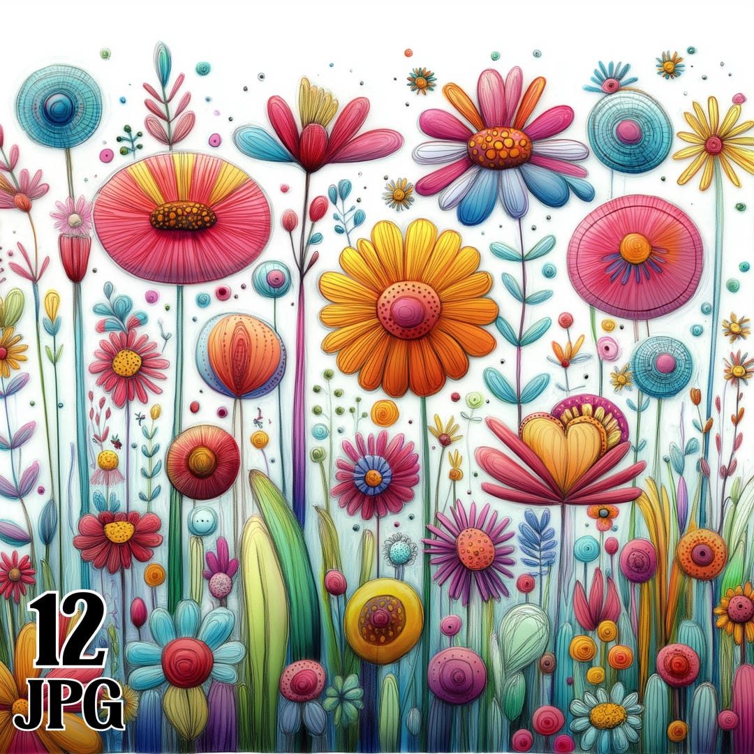 Quirky Happy Flowers Clipart Floral Digital & Paper Craft Instant ...