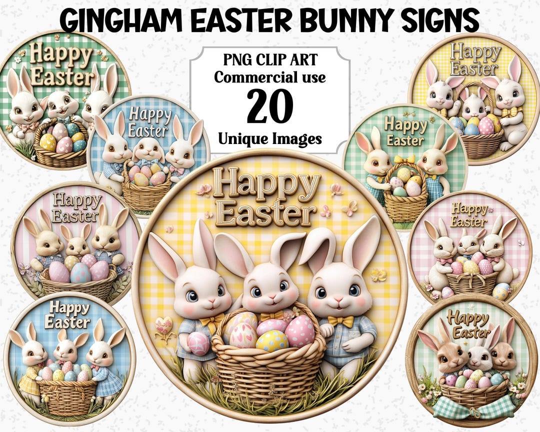 Cute Gingham Easter Bunny Signs Clipart, Rabbit Bunnies Digital Crafts ...