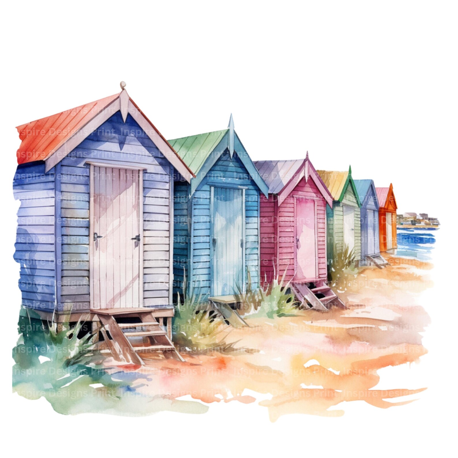 Watercolor Clipart Cute Beach Houses Pngs Digital Craft Colorful ...