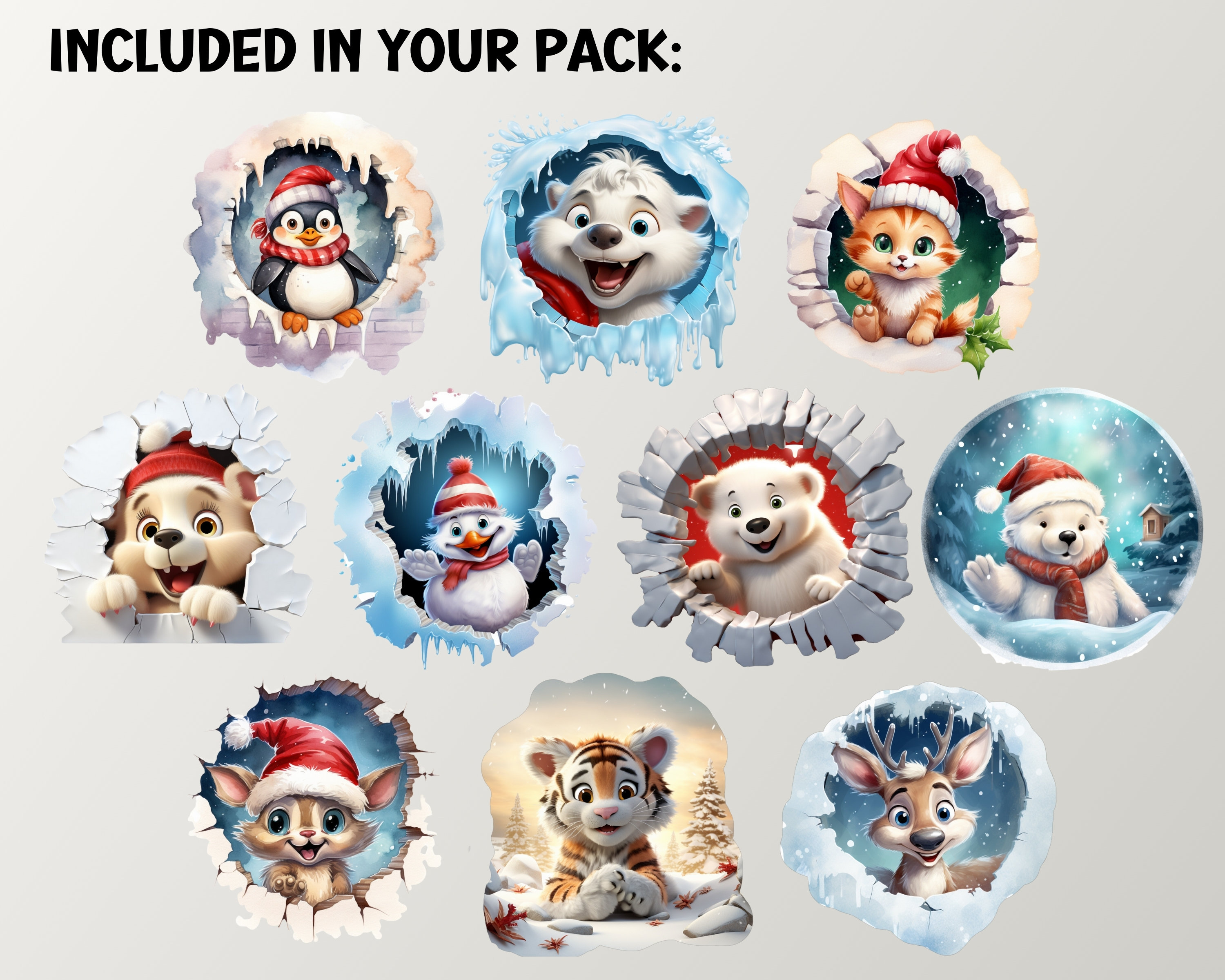 3D Style Cute Animals Christmas PNG Clipart, Instant Download ...