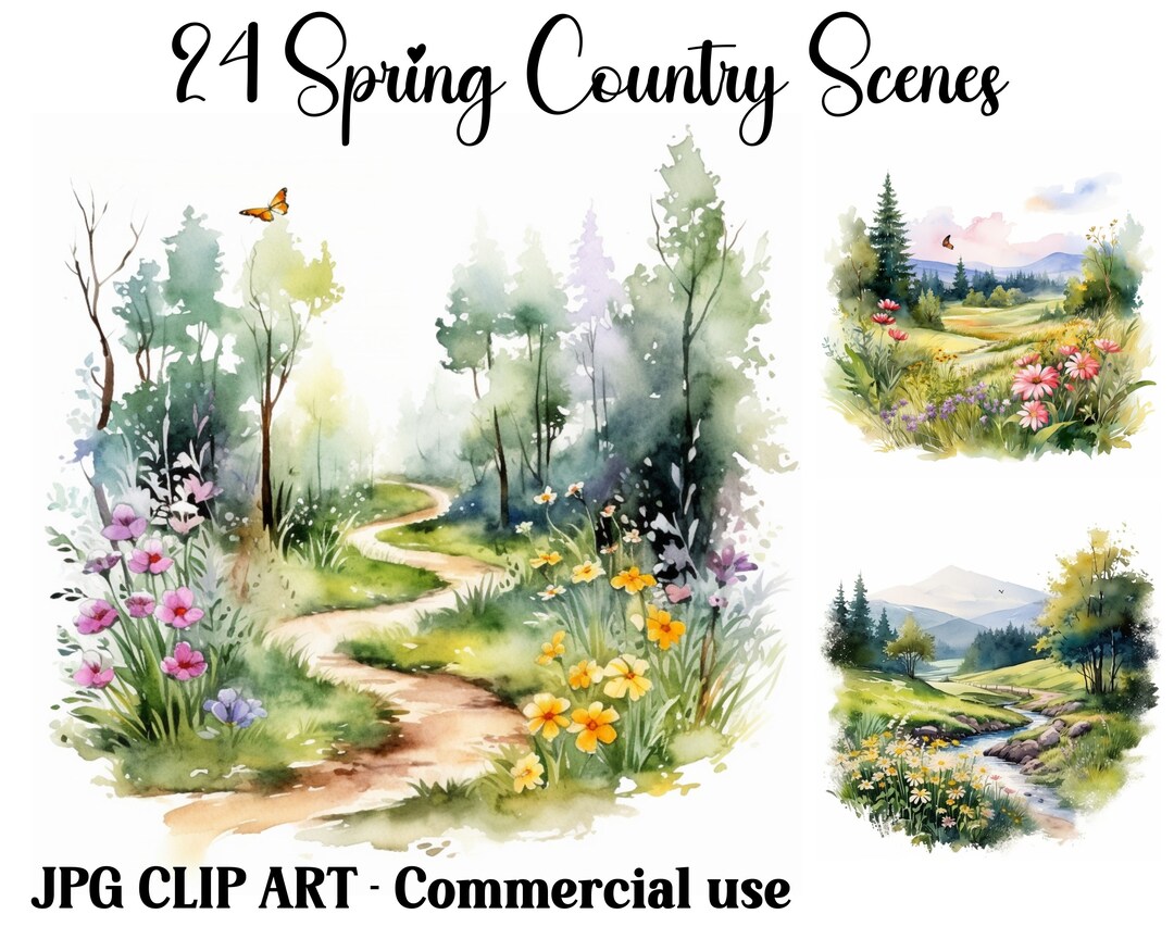 Spring Country Scenes Watercolor Clipart, Digital & Paper Craft ...